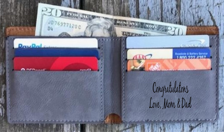 Bi-fold Wallet Personalized, Graduation Gift Engraved Gray Leatherette ...